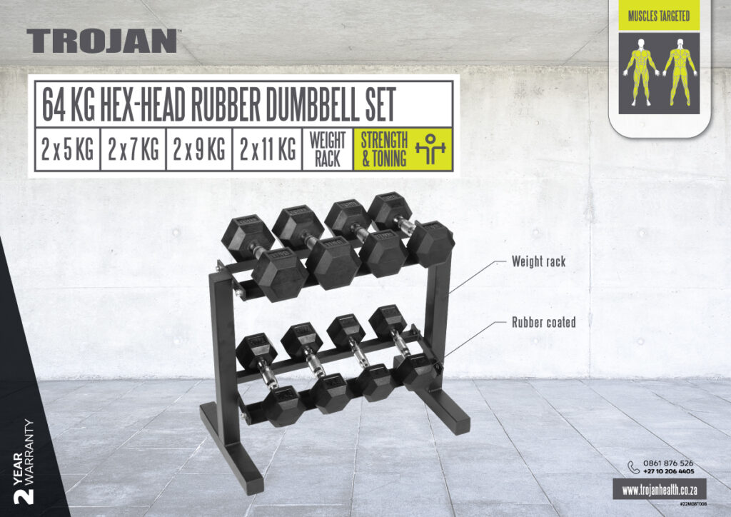 Trojan 64 kg Hex Dumbbell Set with Rack - Seamens Online Store, Durban ...